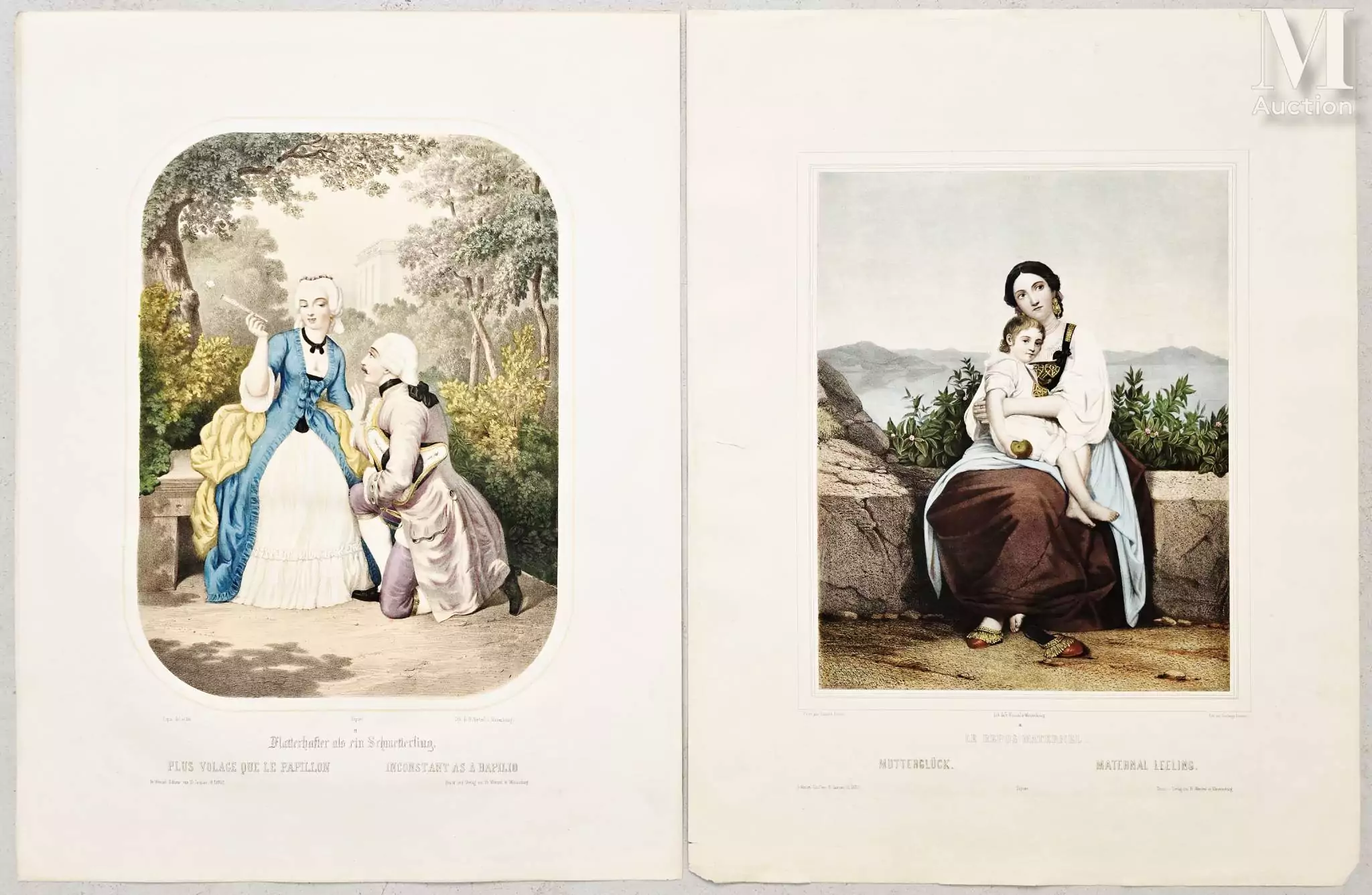 4 color engravings: Le repos maternel. Happiness without wealth. More ...